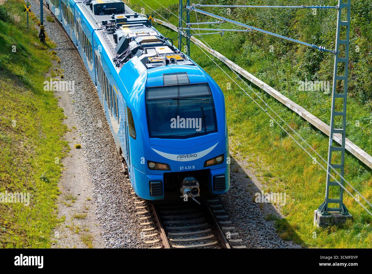 Bavaria, Germany - September 15, 2025: A blue Arverio regional train ...