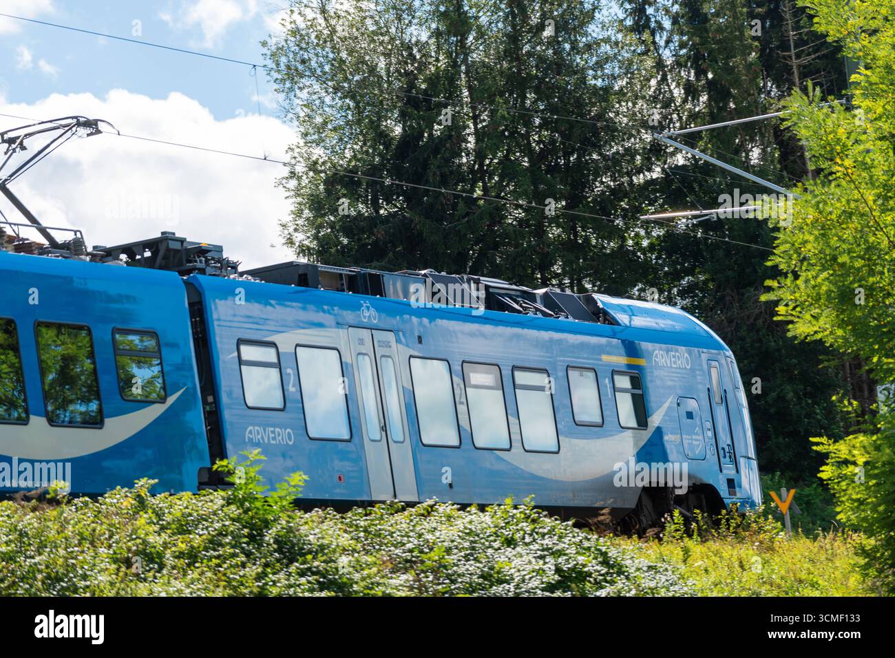 Bavaria, Germany - September 15, 2025: A blue Arverio regional train ...