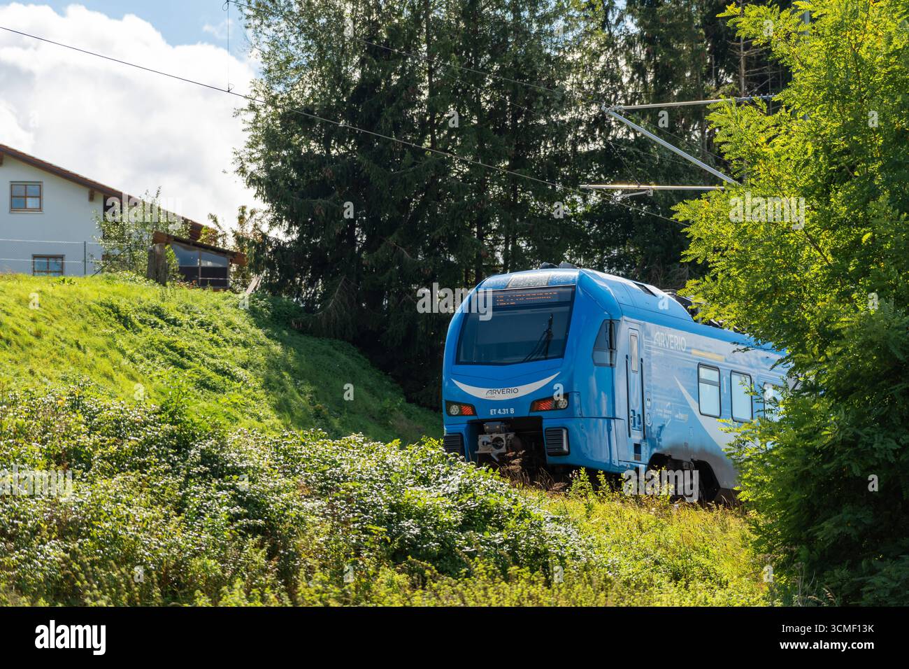 Bavaria, Germany - September 15, 2025: A blue Arverio regional train ...