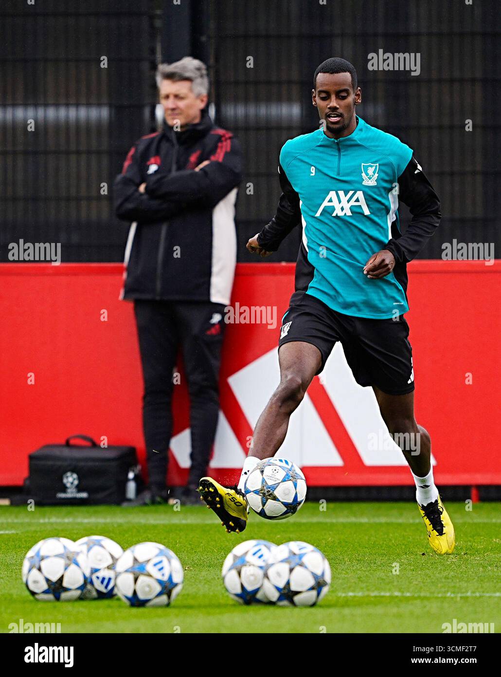 Liverpool's Alexander Isak (right) during a training session at the AXA ...