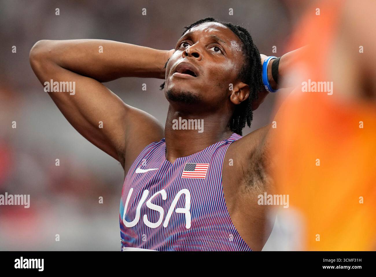 United States' Dylan Beard reacts during men's 110 meters hurdles ...