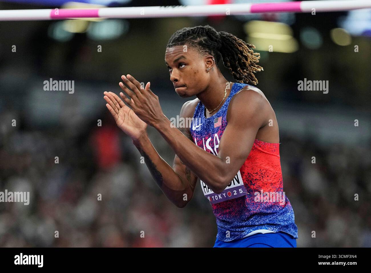 United States' Juvaughn Harrison competes in the men's high jump final ...
