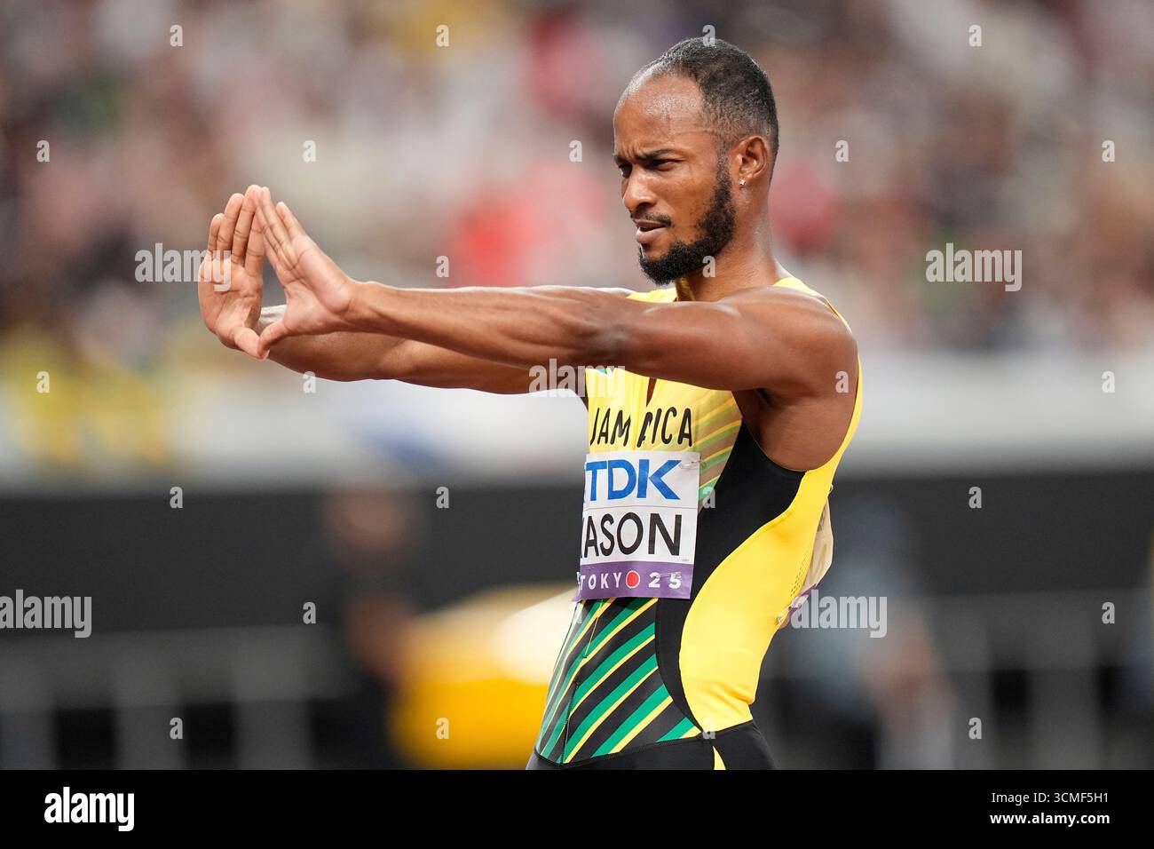 Jamaica's Tyler Mason reacts to the camera after competing in the men's ...