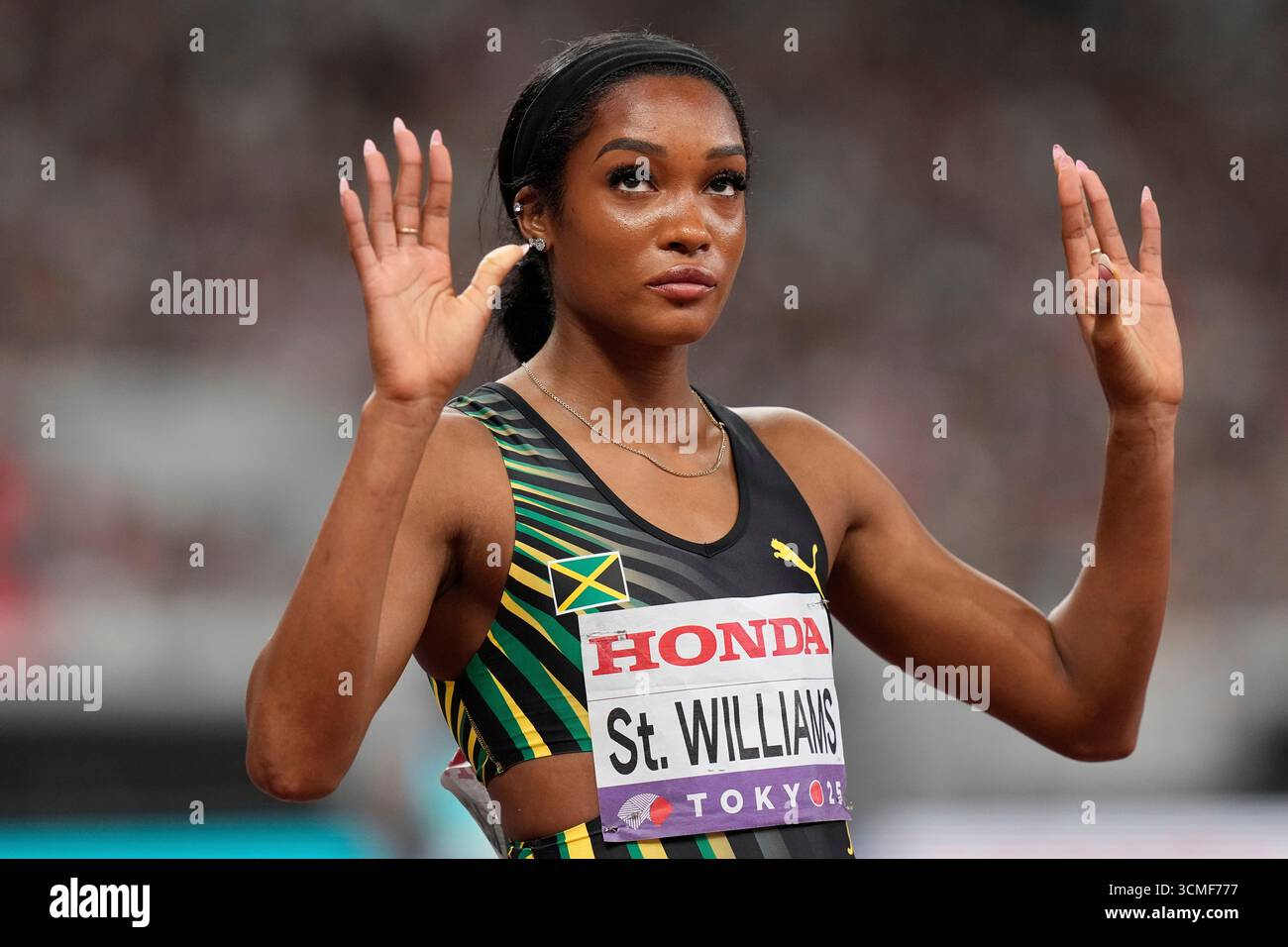Jamaica's Stacey Ann Williams reacts after competing in the women's 400 ...