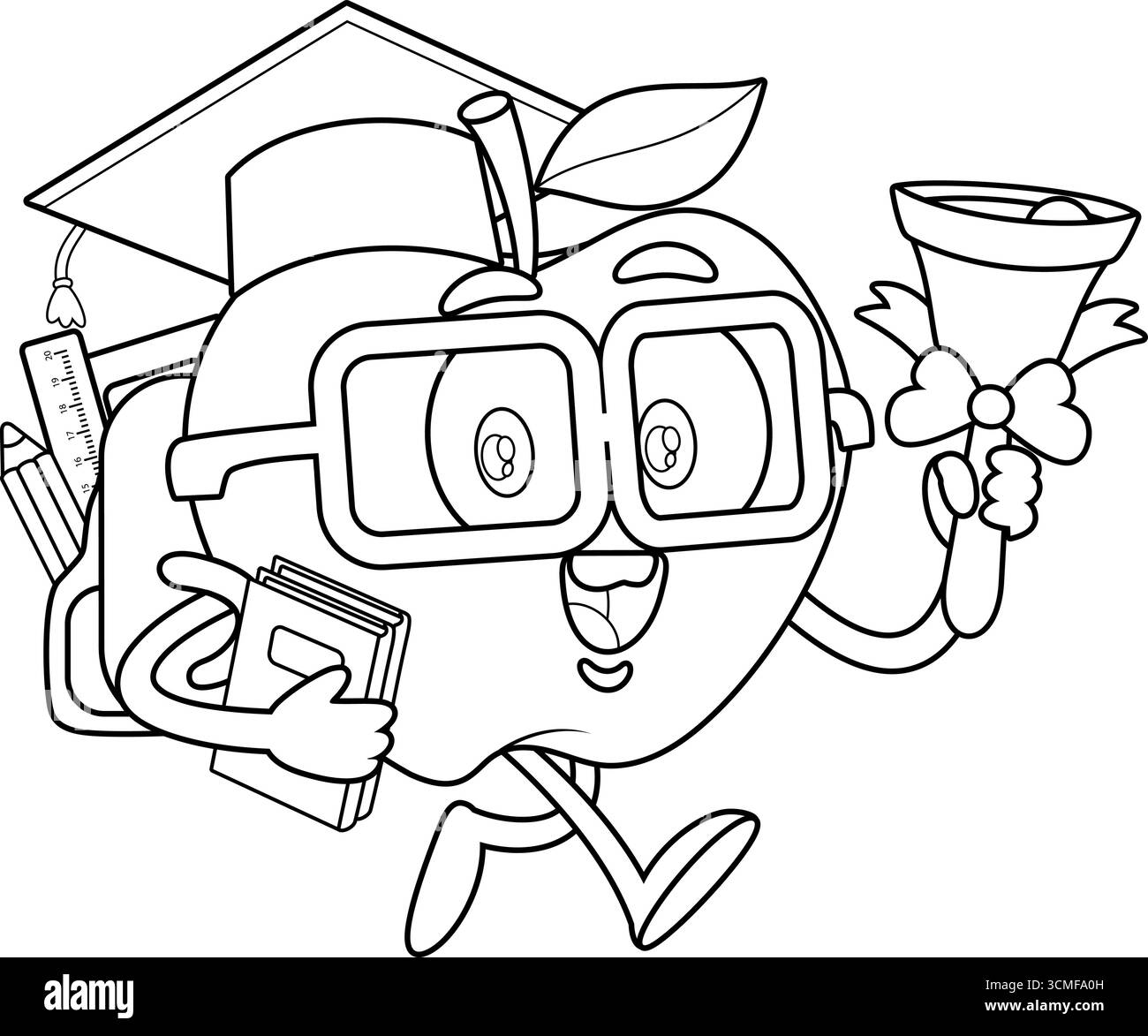 Cute Apple Student Cartoon Character Walking With Backpack And Ringing ...