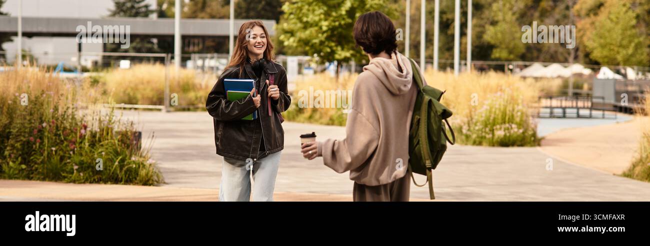 A loving couple shares laughter while strolling through a beautiful ...