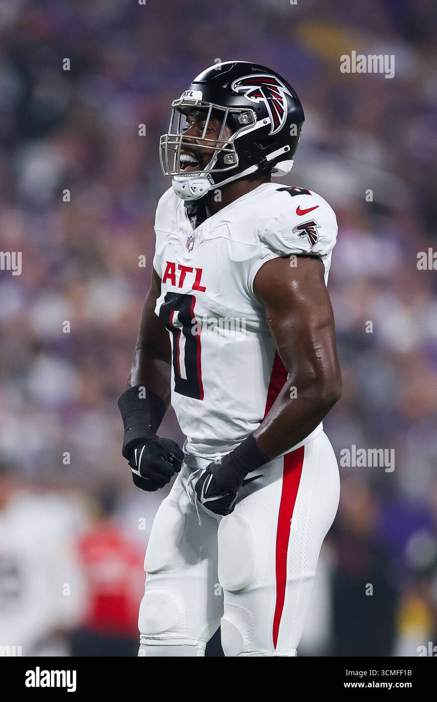 Atlanta Falcons linebacker Divine Deablo reacts after a play during the ...