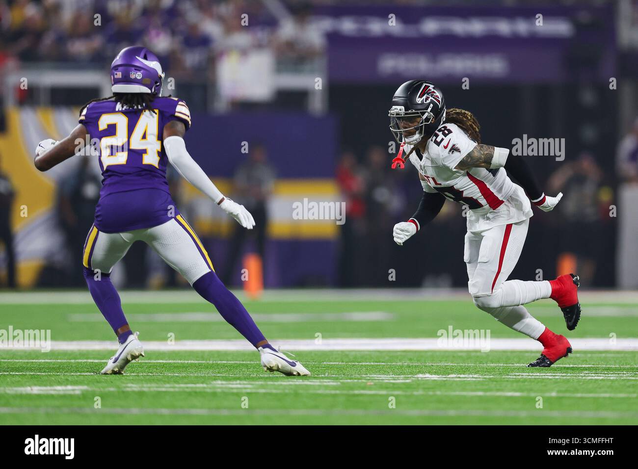 Atlanta Falcons cornerback Mike Ford Jr. (28) moves across the field ...