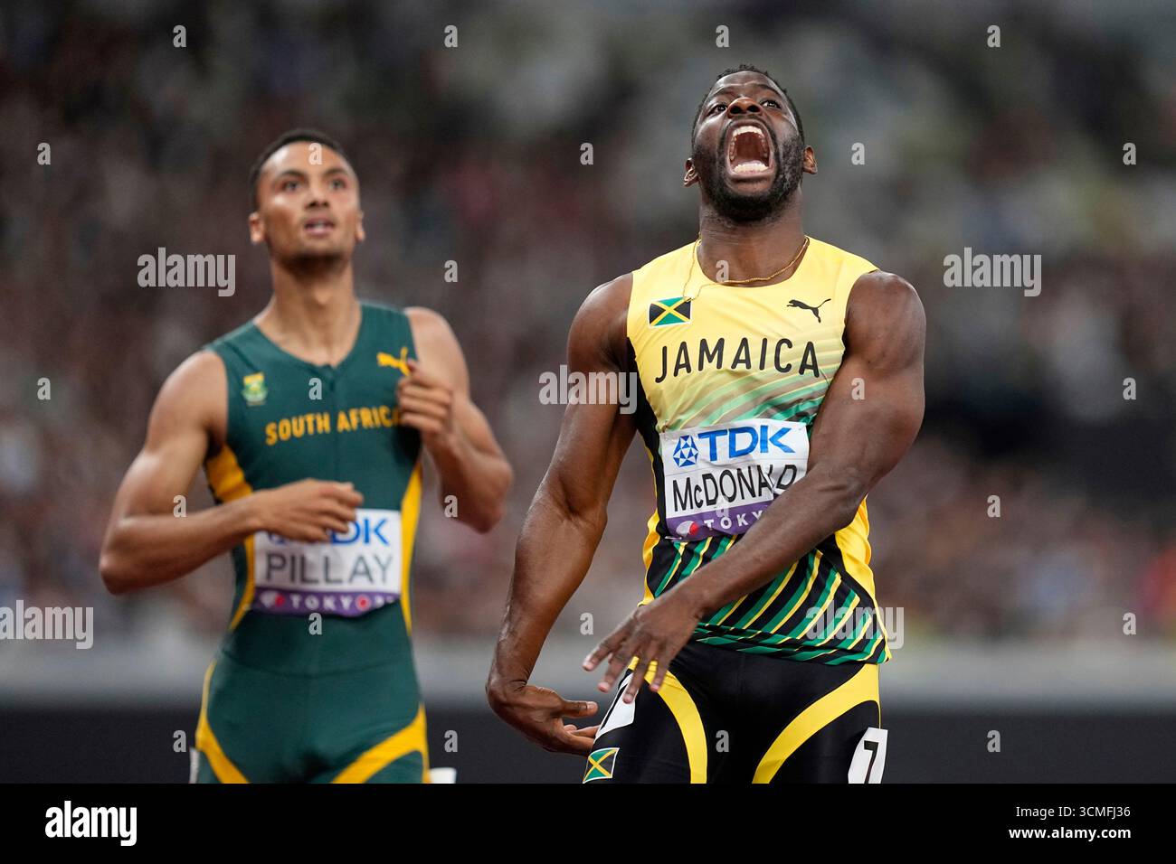 Jamaica's Rusheen McDonald reacts after finishing a men's 400 meters ...