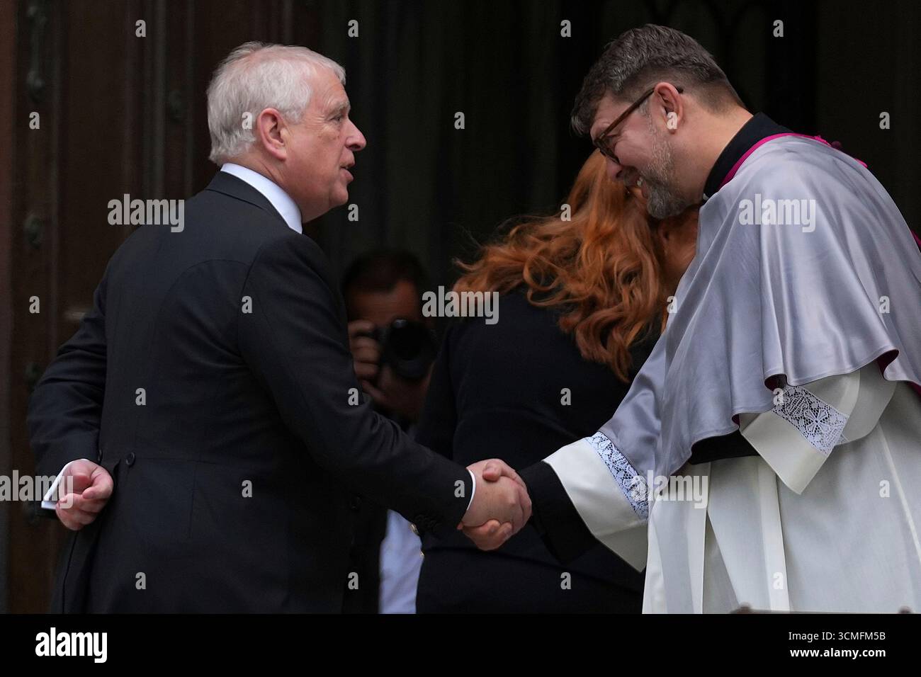 Britain's Prince Andrew arrives for the funeral of the Duchess of Kent ...