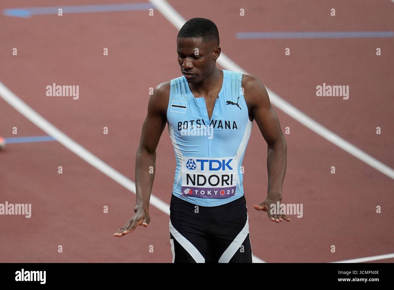 Botswana's Bayapo Ndori reacts after competing in the men's 400 meters ...
