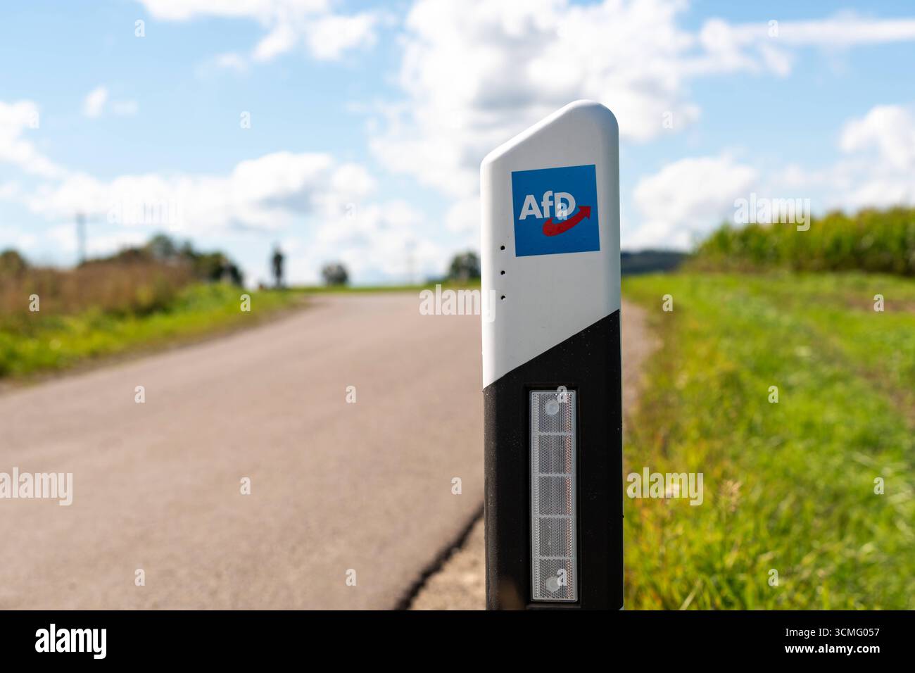 Bavaria, Germany - September 15, 2025: A guide post with an AfD sticker ...