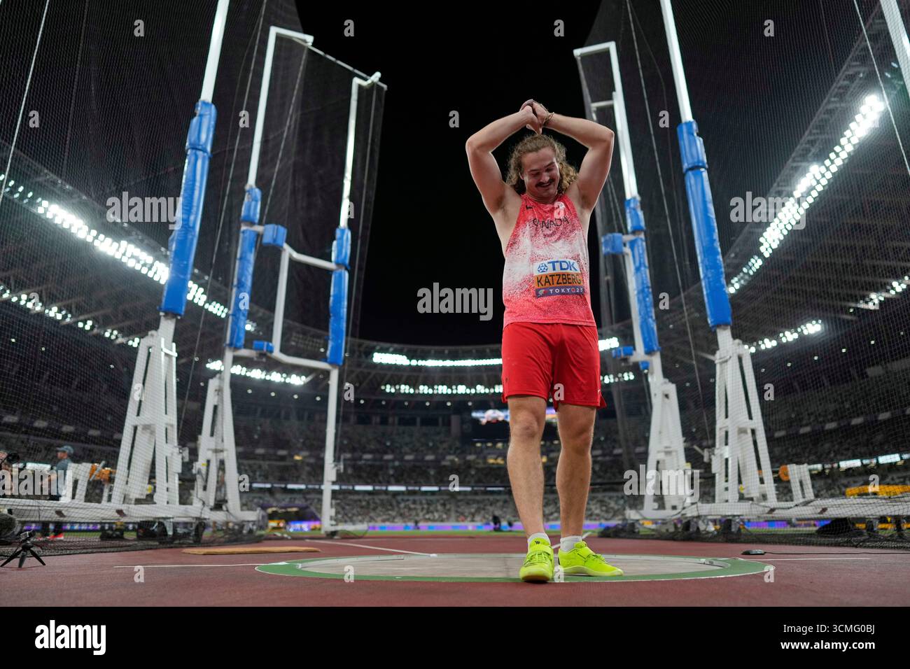 Canada's Ethan Katzberg celebrates after winning the men's hammer throw ...