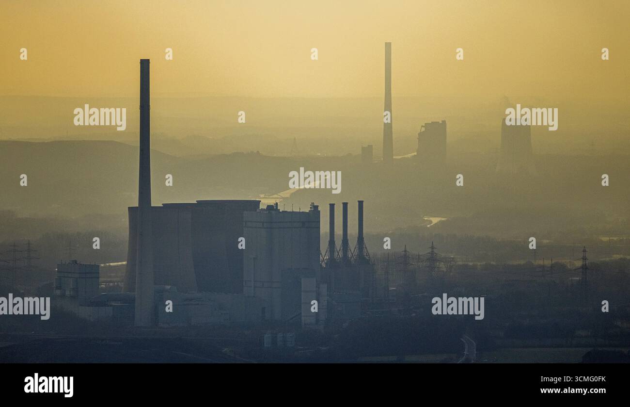 Aerial view of RWE Power AG power plant Gersteinwerk in backlight and ...