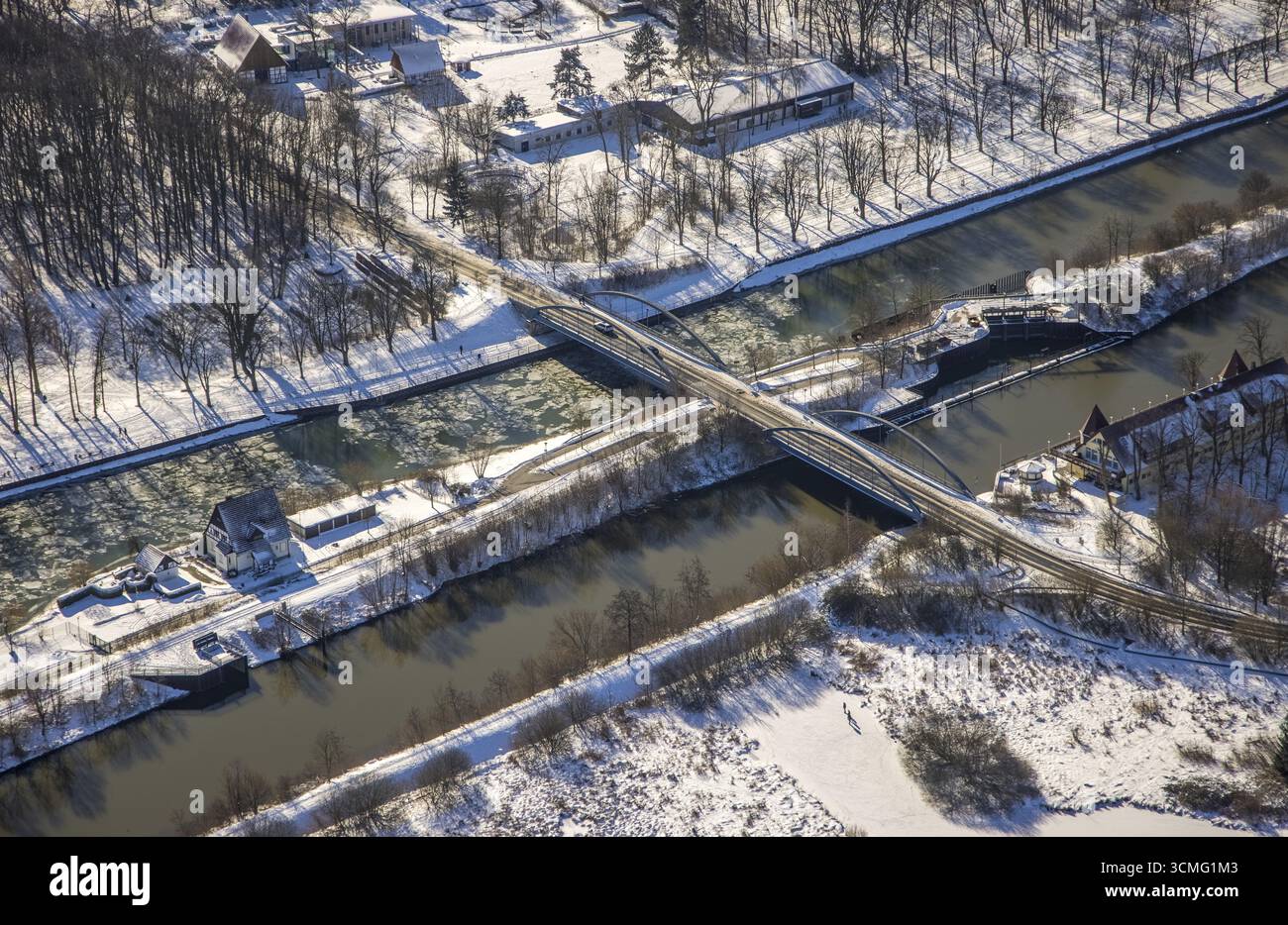 Aerial view, bridge ferry road over Lippe and Datteln-Hamm Canal, snow ...
