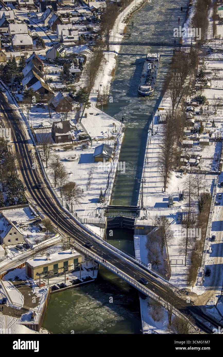 Aerial view, Werries Lock, Datteln-Hamm Canal, ice floes, snow, winter ...