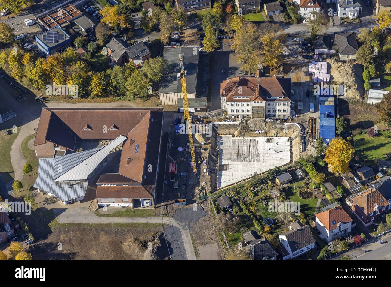 Aerial view, construction site and renovation Arnold-Freymuth ...