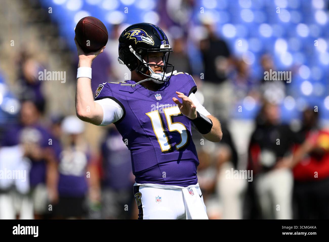 Baltimore Ravens quarterback Cooper Rush (15) warms up before an NFL ...