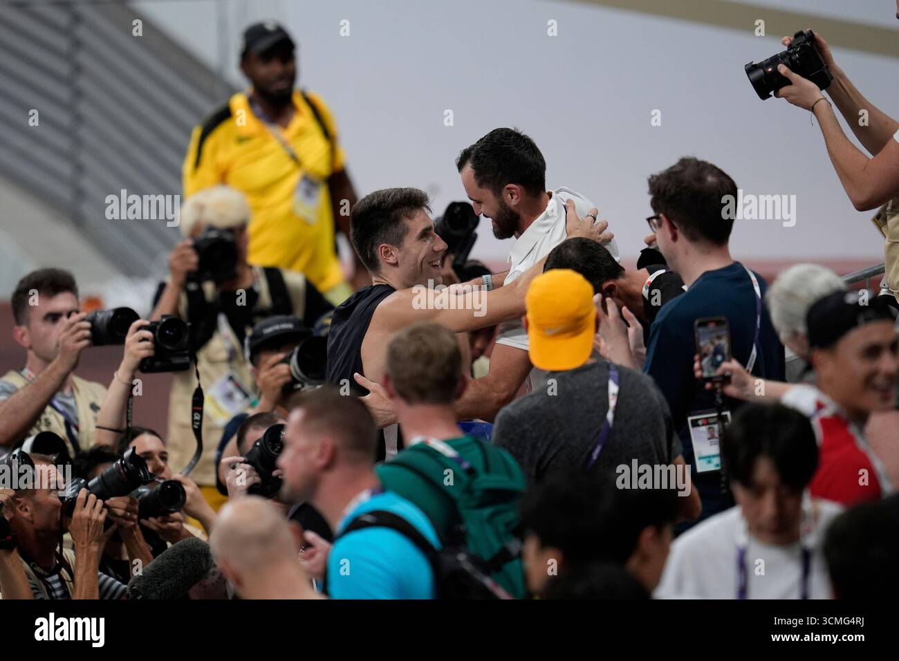 New Zealand's Hamish Kerr celebrates after winning the men's high jump ...