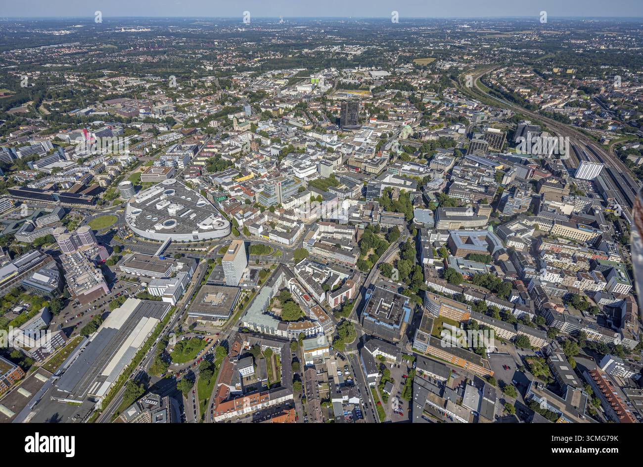 Aerial view, townscape city with Limbecker Platz and Funke Mediengruppe ...