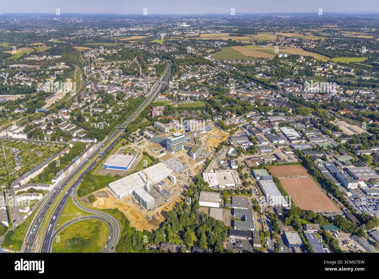 Aerial view, construction site and new construction ALDI-Nord Campus on ...
