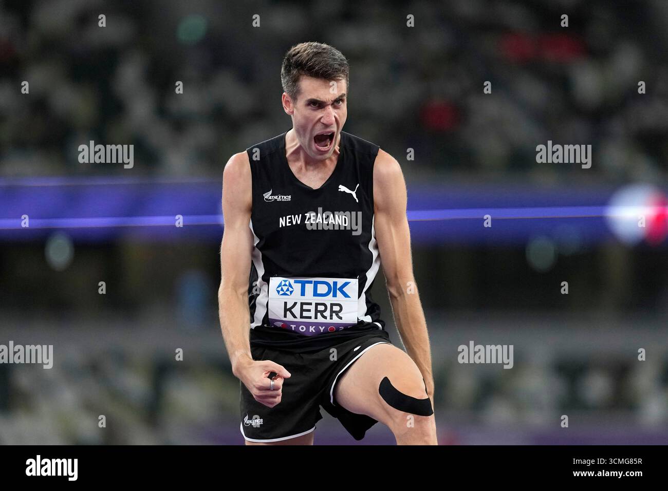 New Zealand's Hamish Kerr celebrates after an attempt in the men's high ...