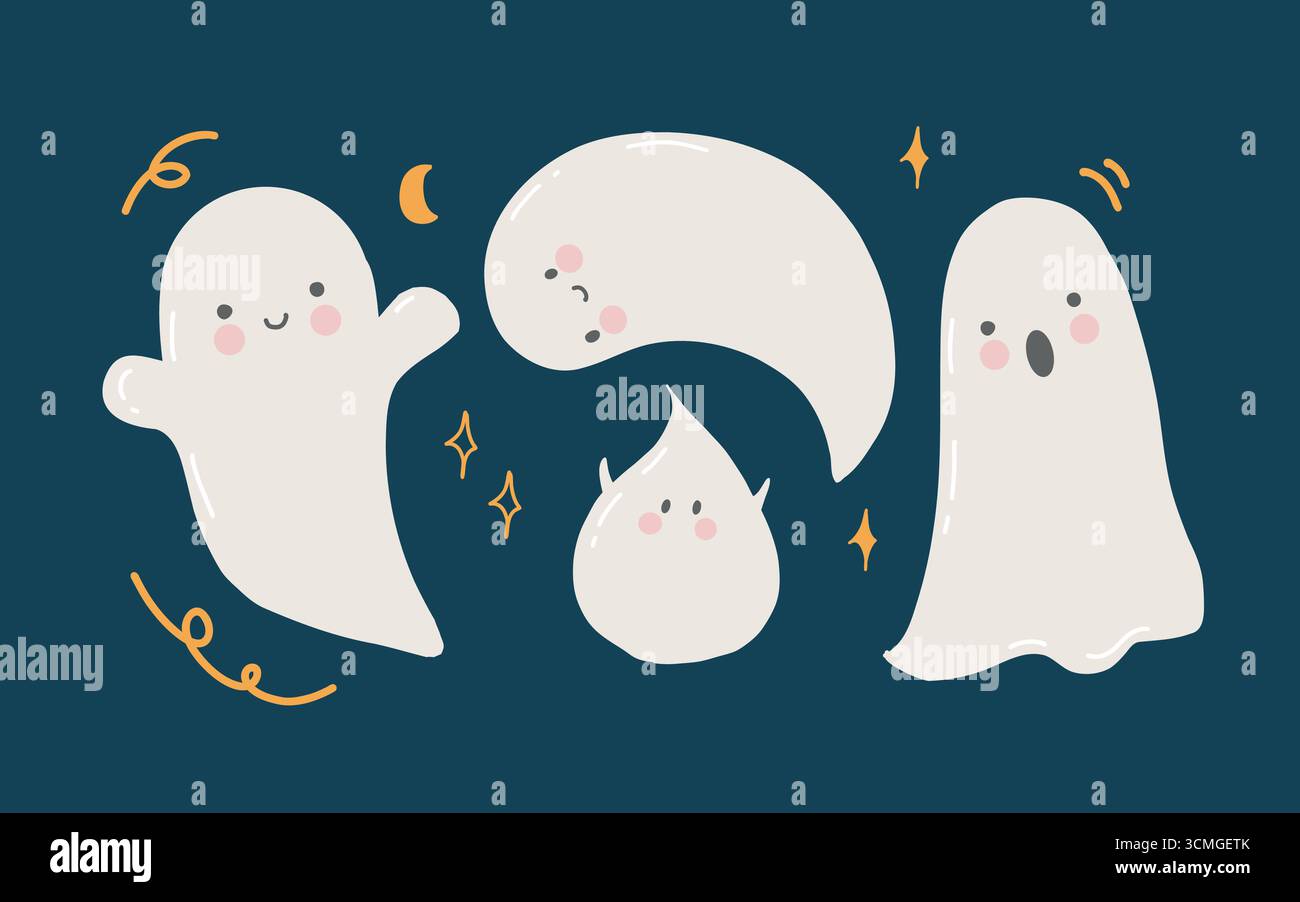 Set of cute funny ghosts and stars on the theme of childrens Halloween ...