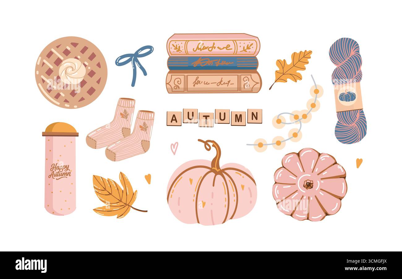 Cozy autumn attributes isolated on white background. Fall clip art set ...