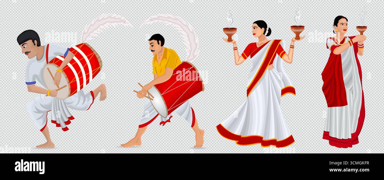 Durga Puja. dance vector illustration of. Dhakis. and the. Dhunuchi ...