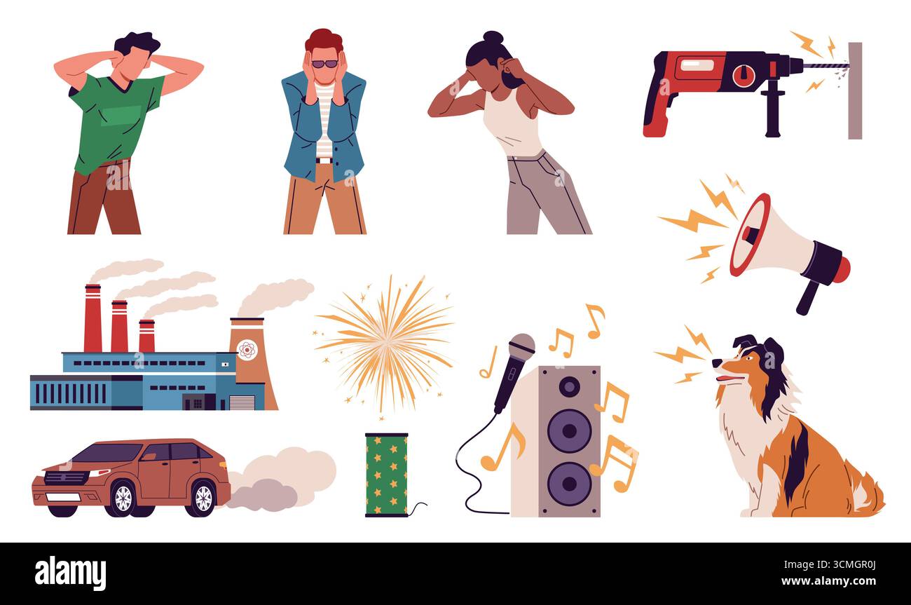 Noise pollution elements. Loud sounds sensitivity, people cover ears ...