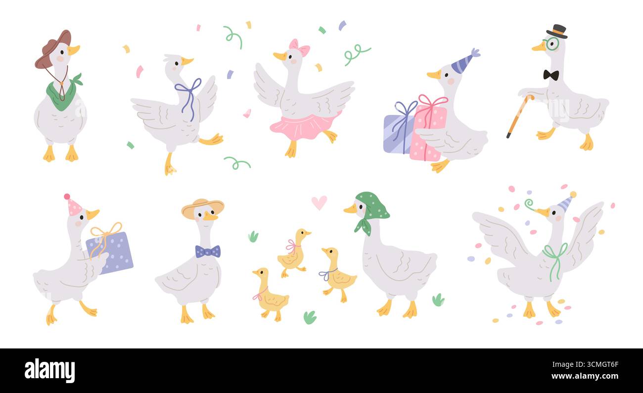 Cute goose characters. Funny farm domestic birds in hats, cartoon ...