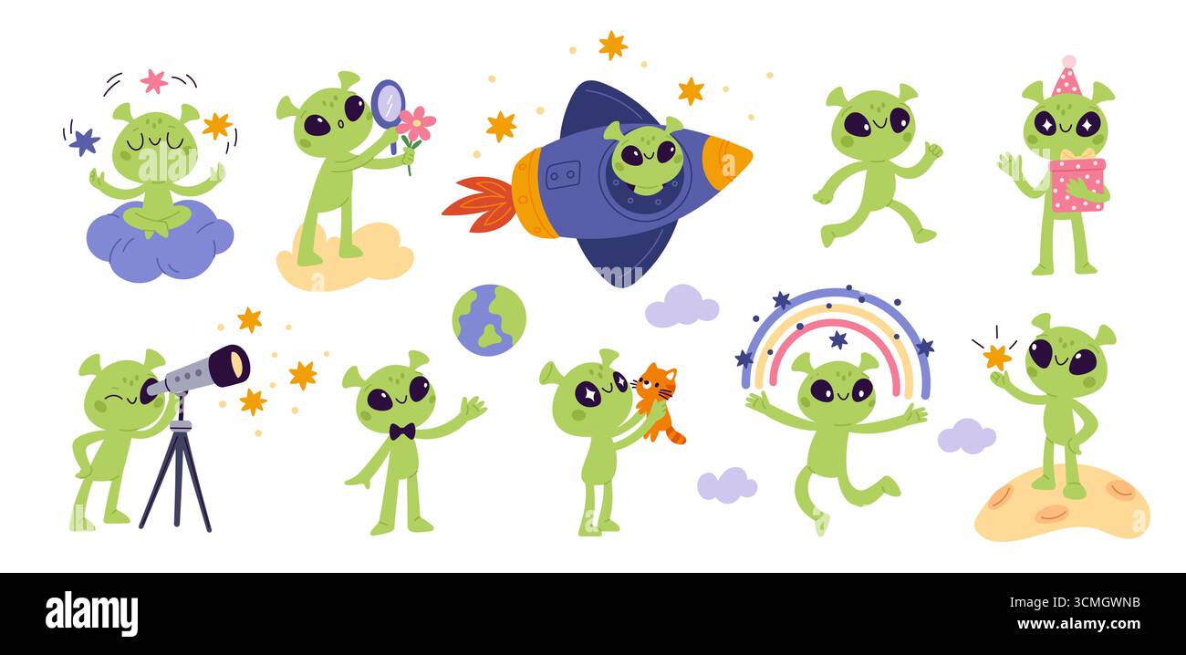 Cartoon green aliens characters. Funny little humanoids, different ...