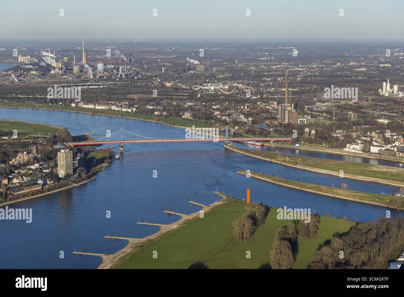 Aerial view, Rheinorange sculpture and Ruhr estuary into the river ...