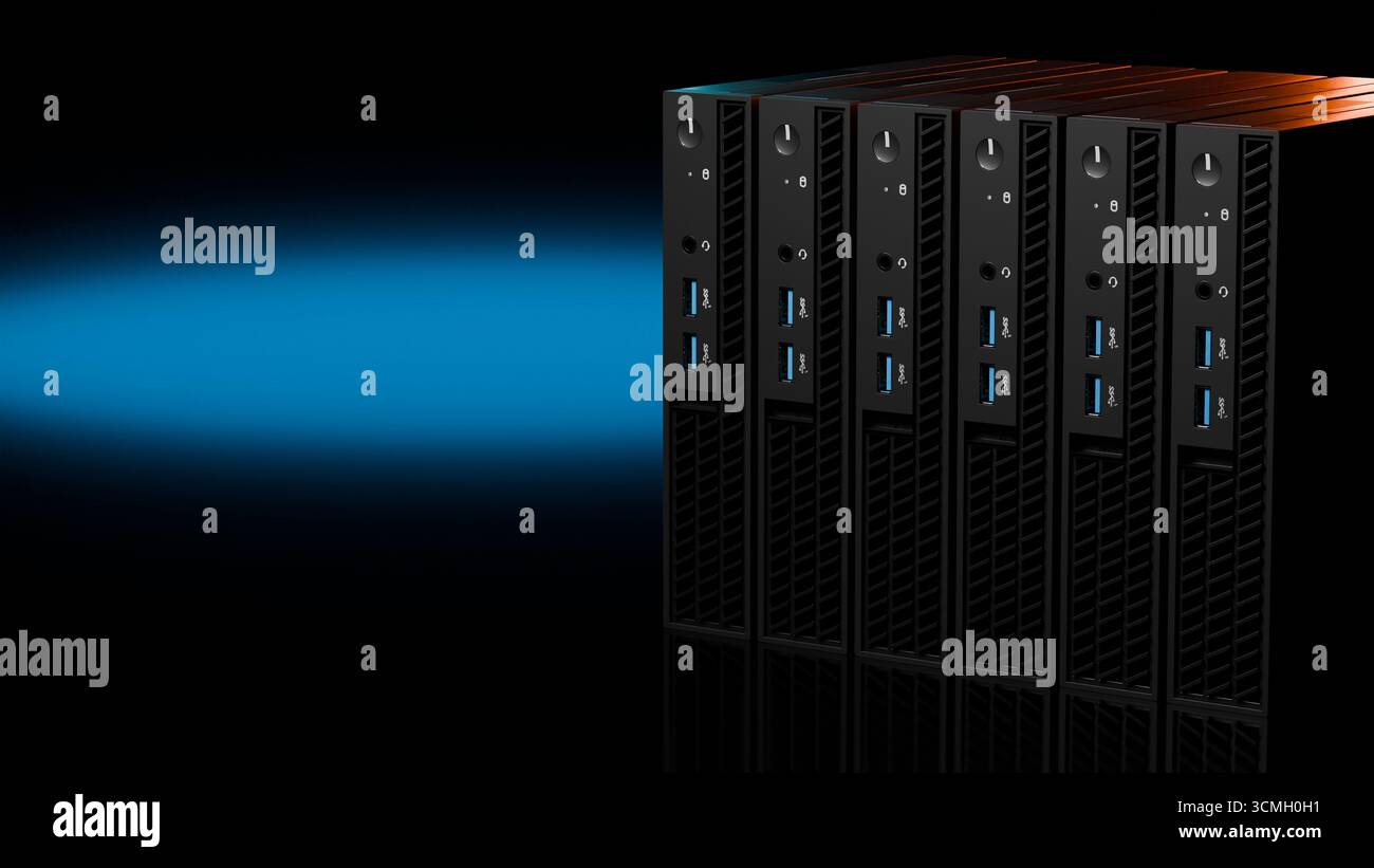 3D rendering of multiple ISP server towers in a row illuminated by blue ...