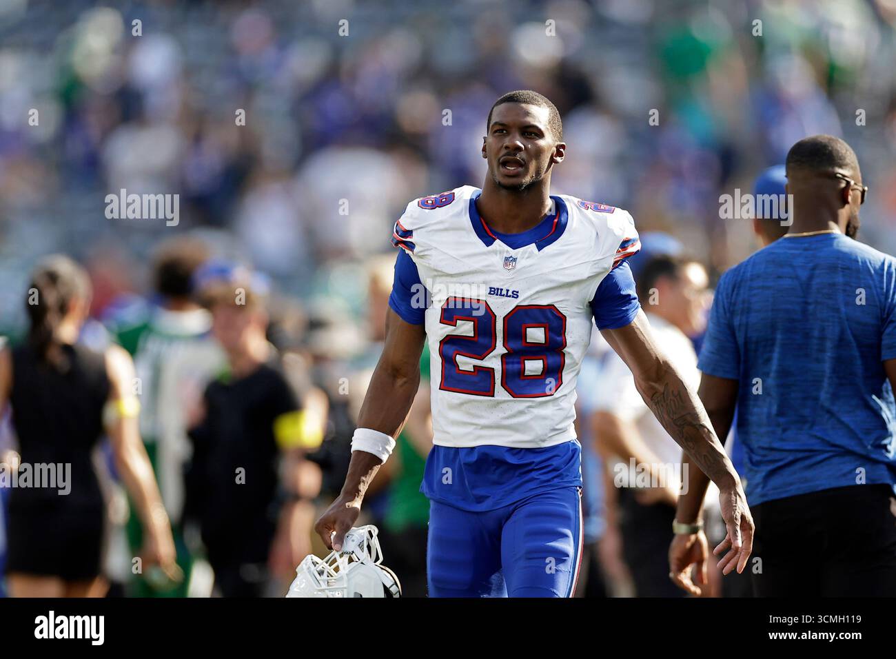 Buffalo Bills safety Sam Franklin Jr. (28) reacts after an NFL football ...