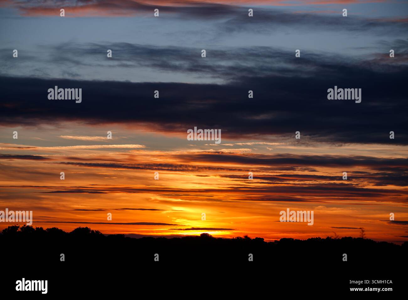 A striking wide-view shot of a sunset with layers of clouds in warm ...