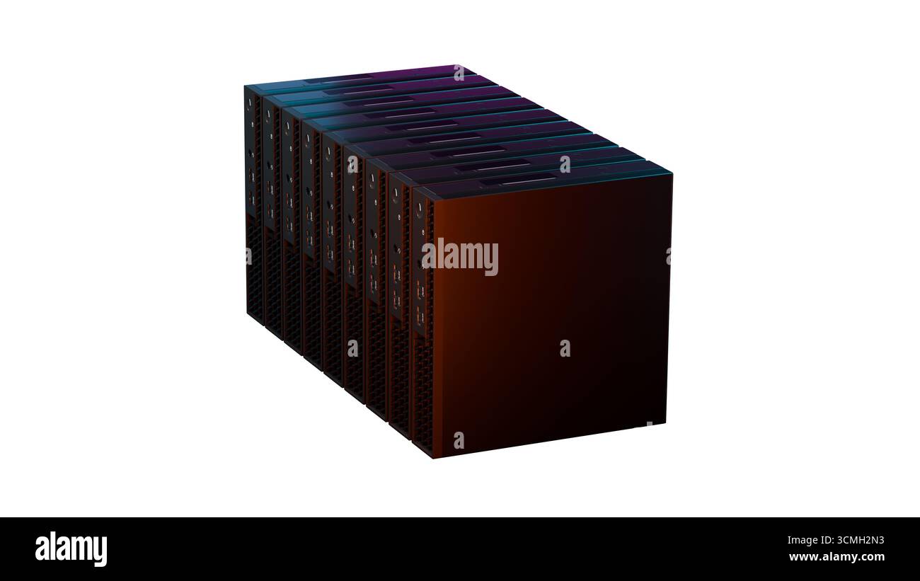 3D visual of futuristic servers with orange glow isolated on white ...