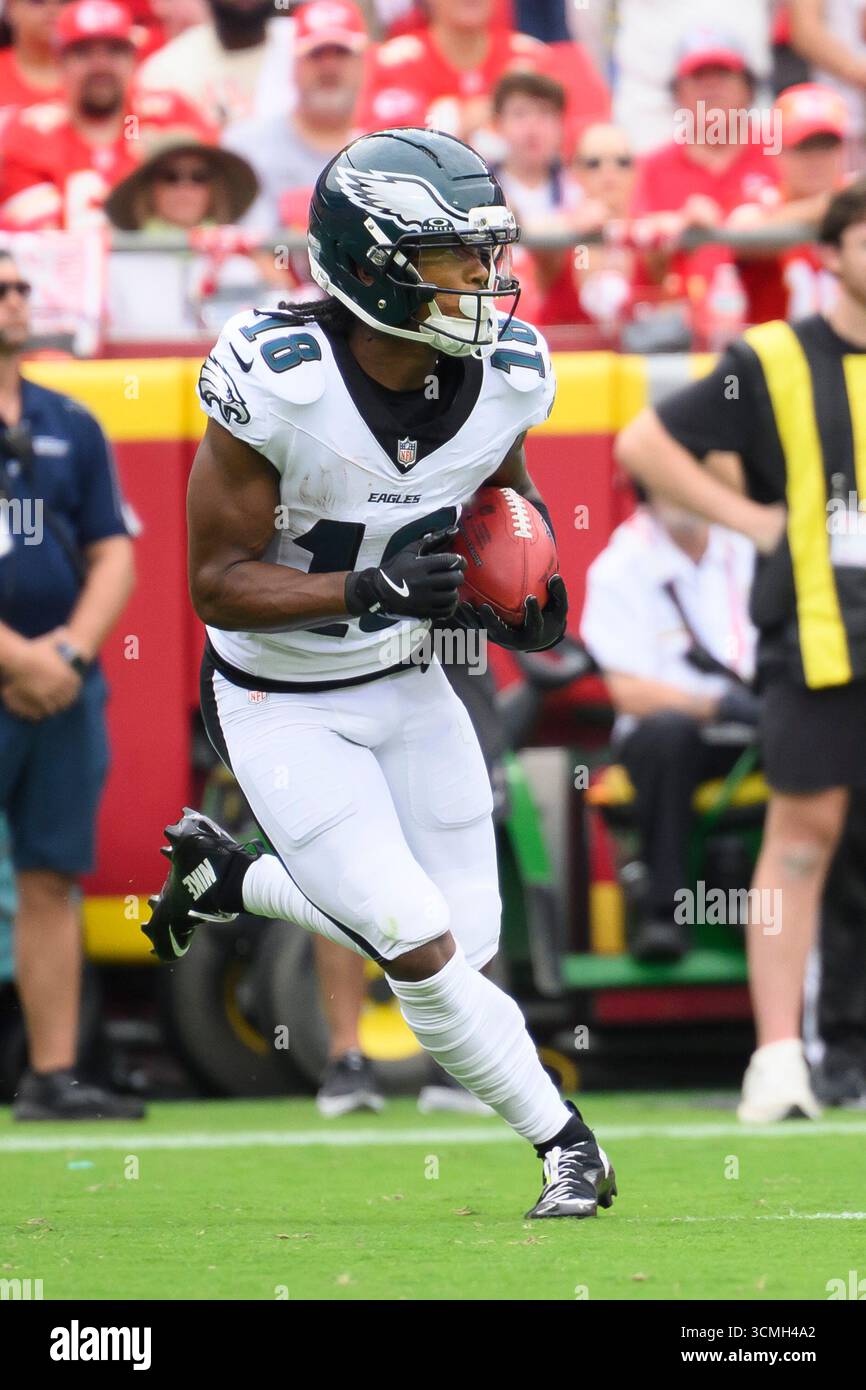 Philadelphia Eagles wide receiver John Metchie III runs a kickoff back ...