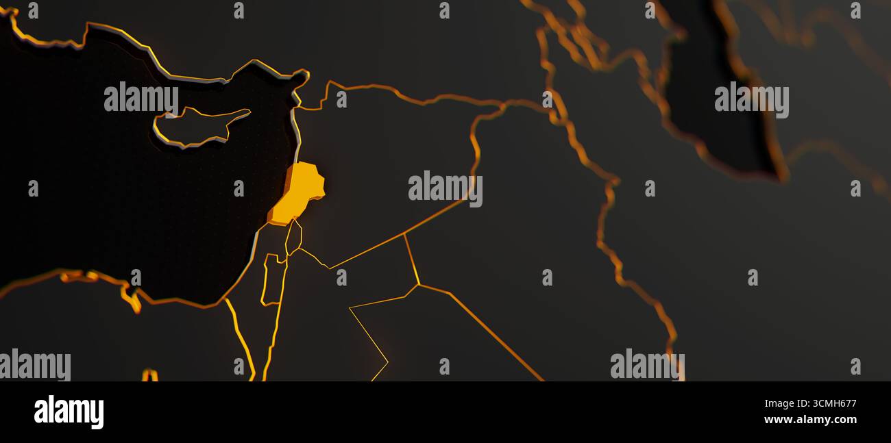 Golden Lebanon 3d map surrounded with other countries in black with ...