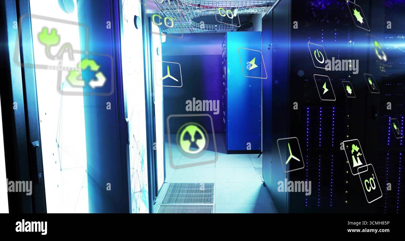 Glowing central server rack unit humming in data center aisle, with ...