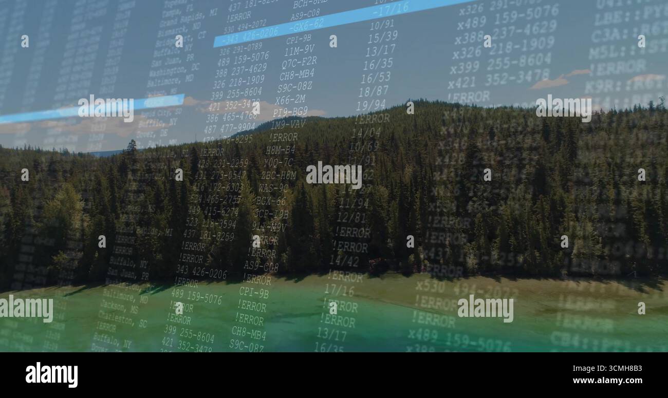 Terminal overlay displaying codes and 'ERROR' entries over turquoise lake and pine hills, glitch ...
