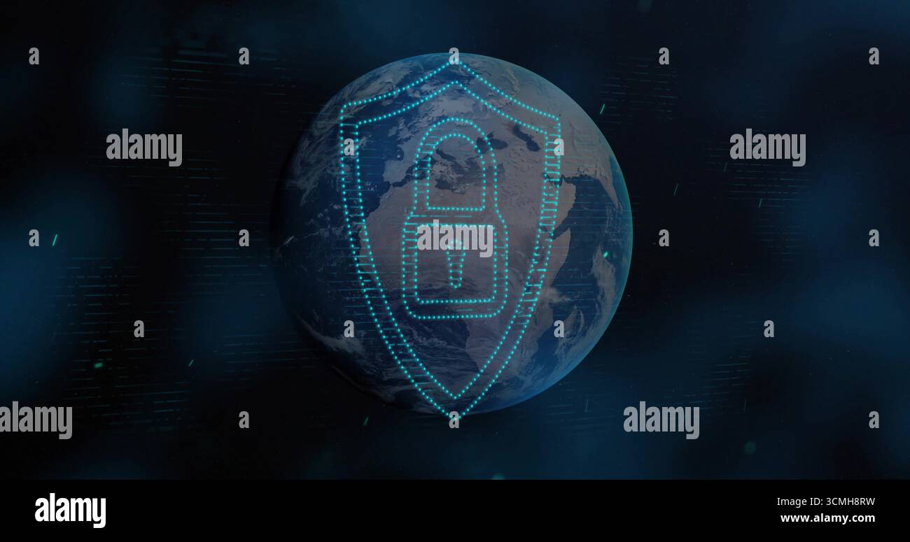 Floating Earth with cyan shield and padlock icon, drifting code and ...