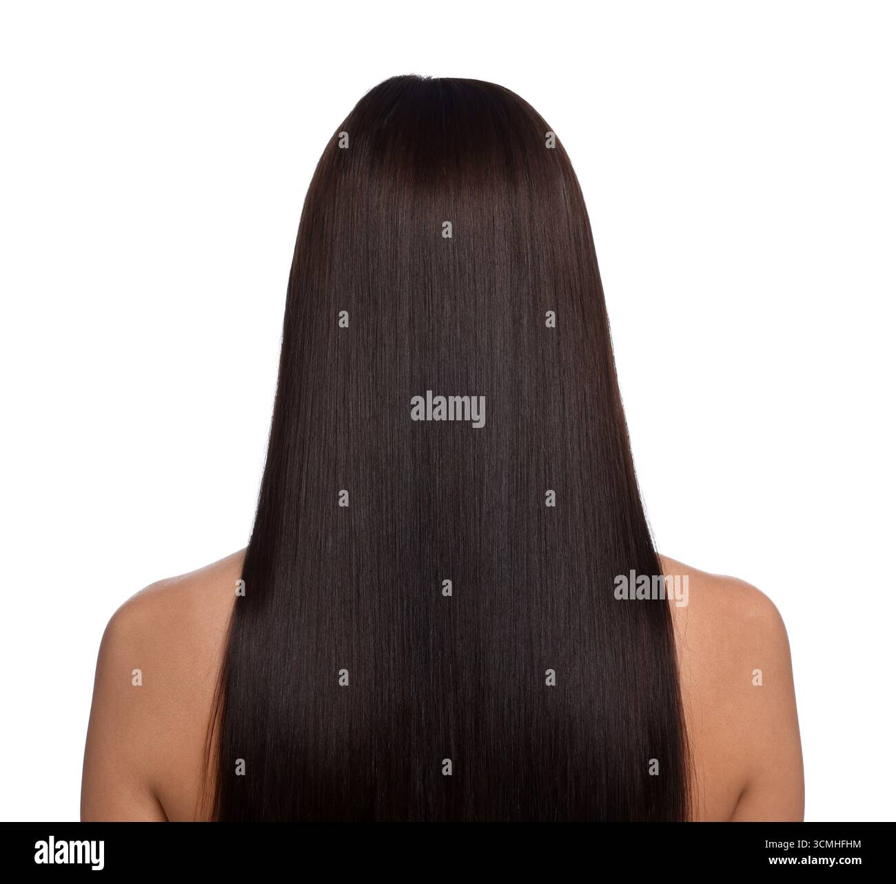 Woman with beautiful smooth hair after lamination procedure on white ...