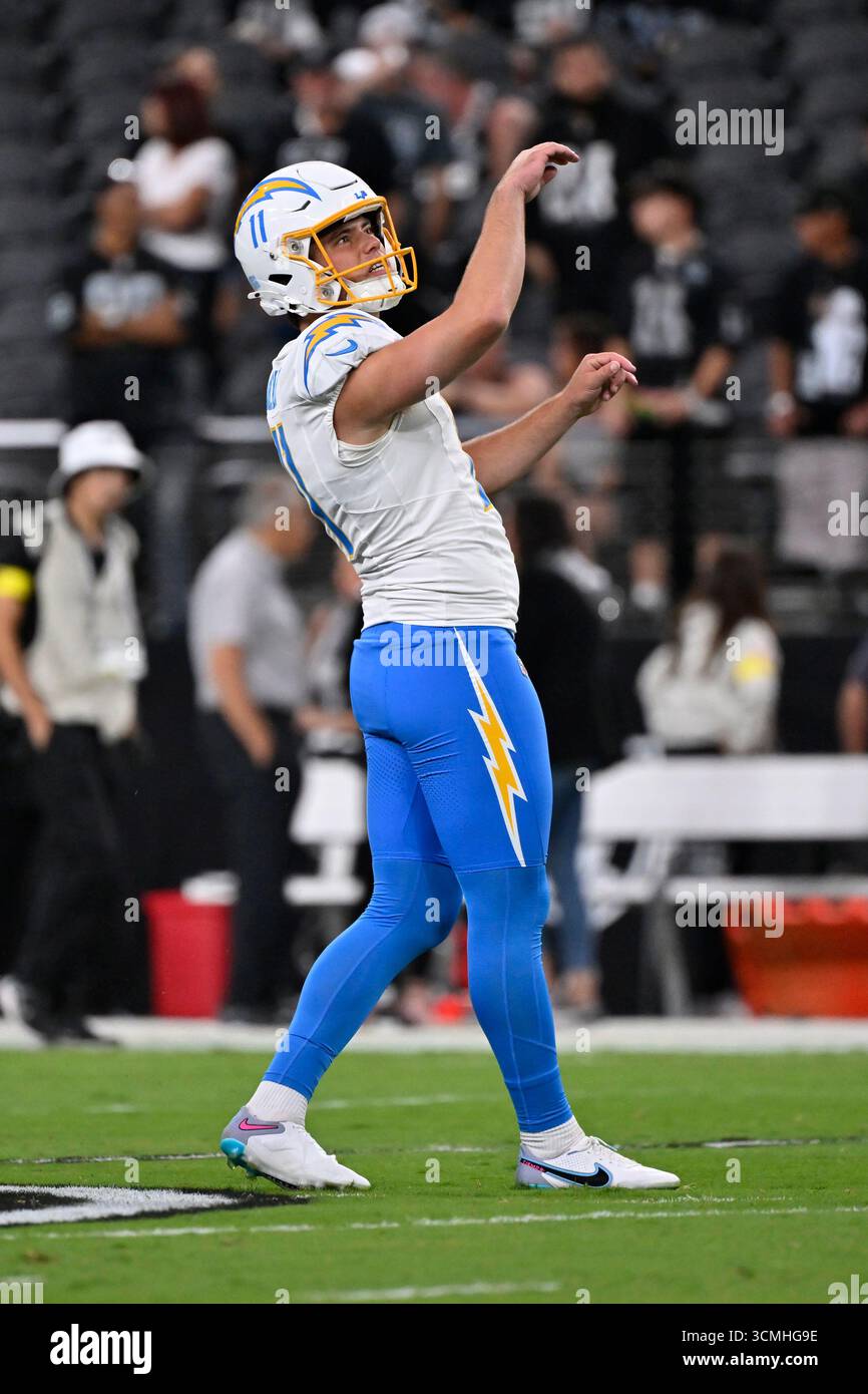 Los Angeles Chargers kicker Cameron Dicker (11) warms up before an NFL ...