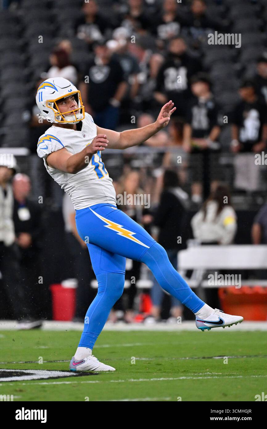 Los Angeles Chargers kicker Cameron Dicker (11) warms up before an NFL ...