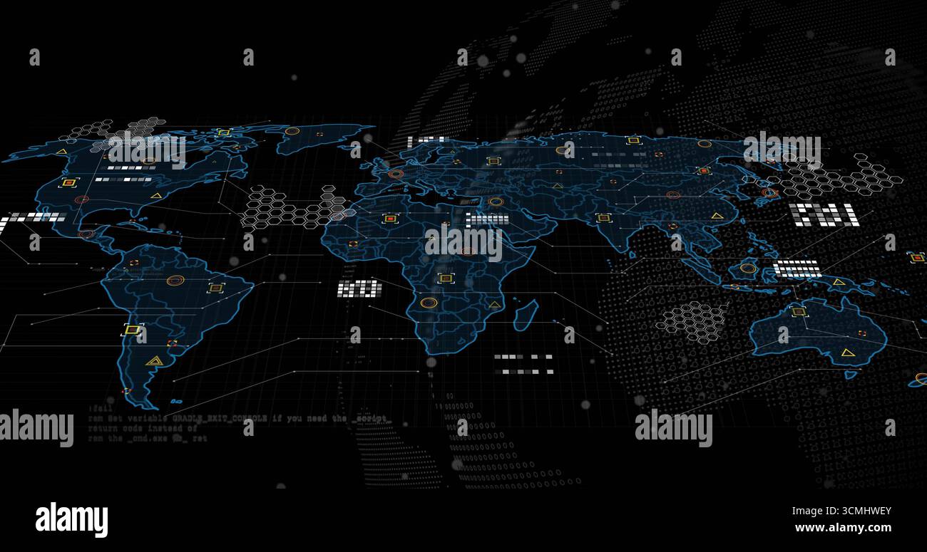 Showing glowing blue world map visualizing data flows in virtual ...
