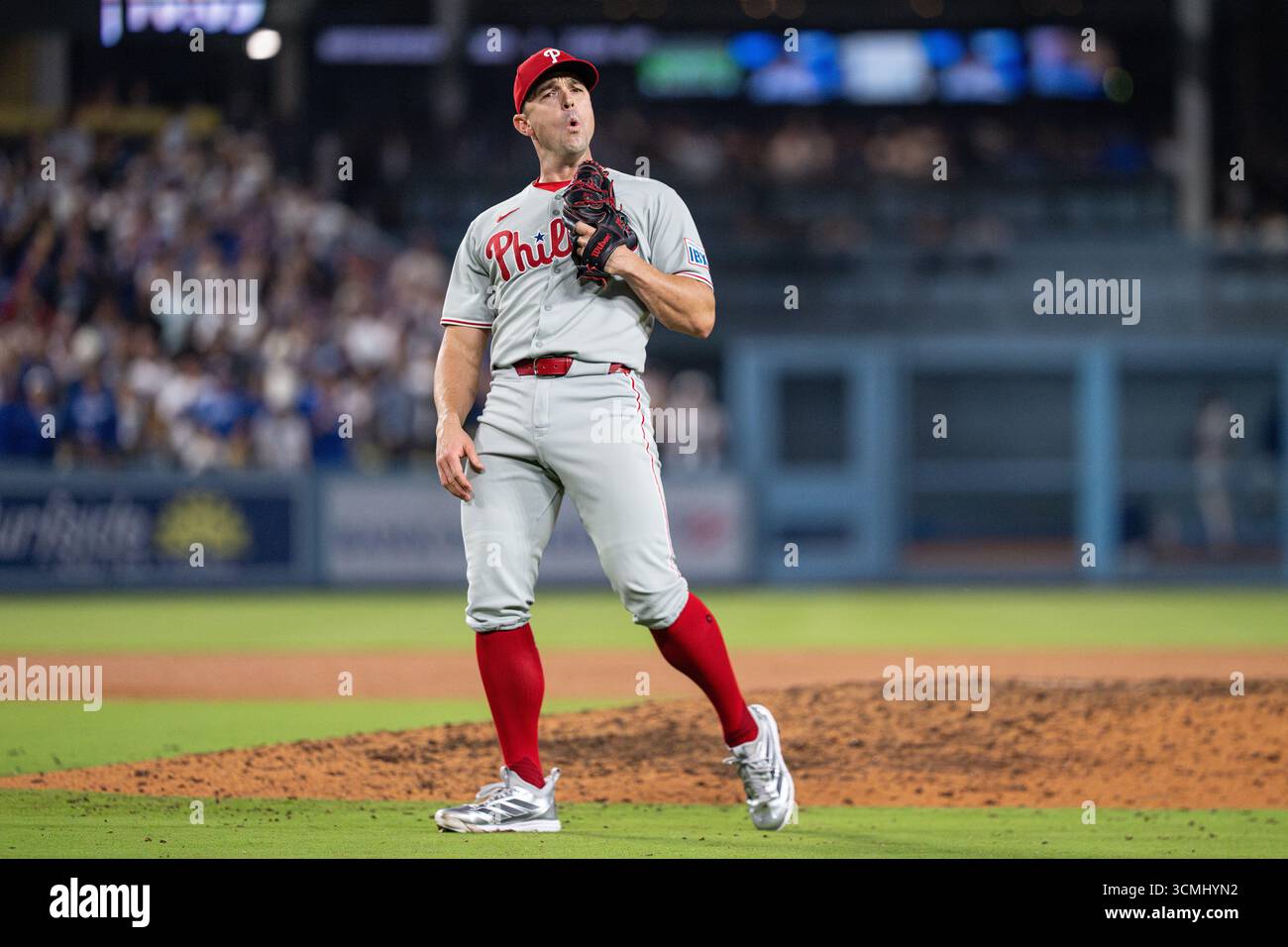 Philadelphia Phillies pitcher David Robertson (30) reacts during a MLB ...