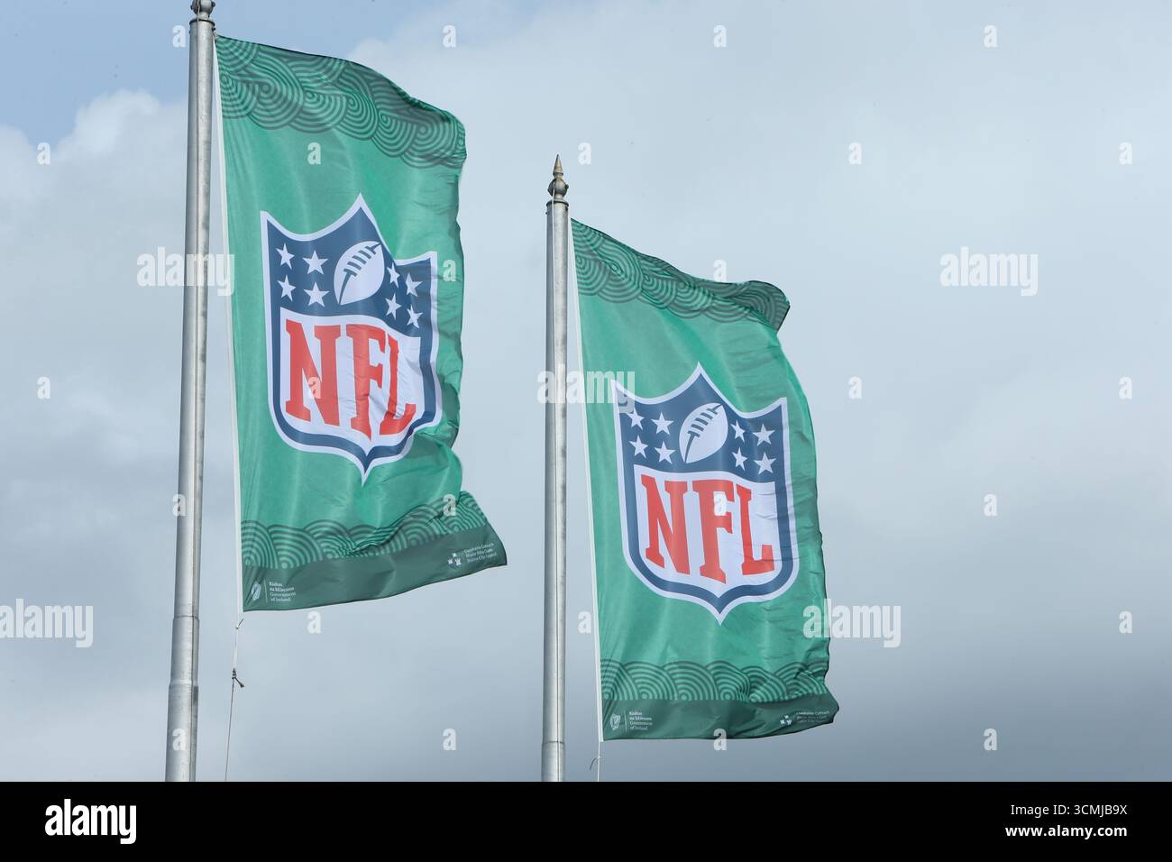 Dublin, Ireland - 16th September 2025 - Green flags with the NFL symbol ...