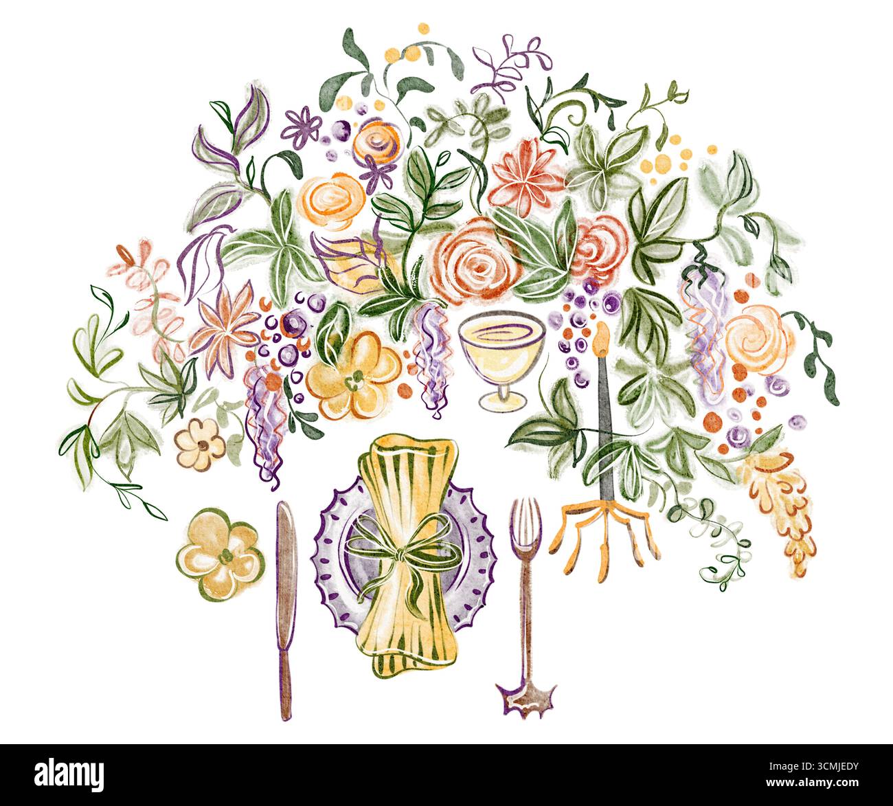 Dinner table watercolor illustration with flowers, napkin, cutlery ...