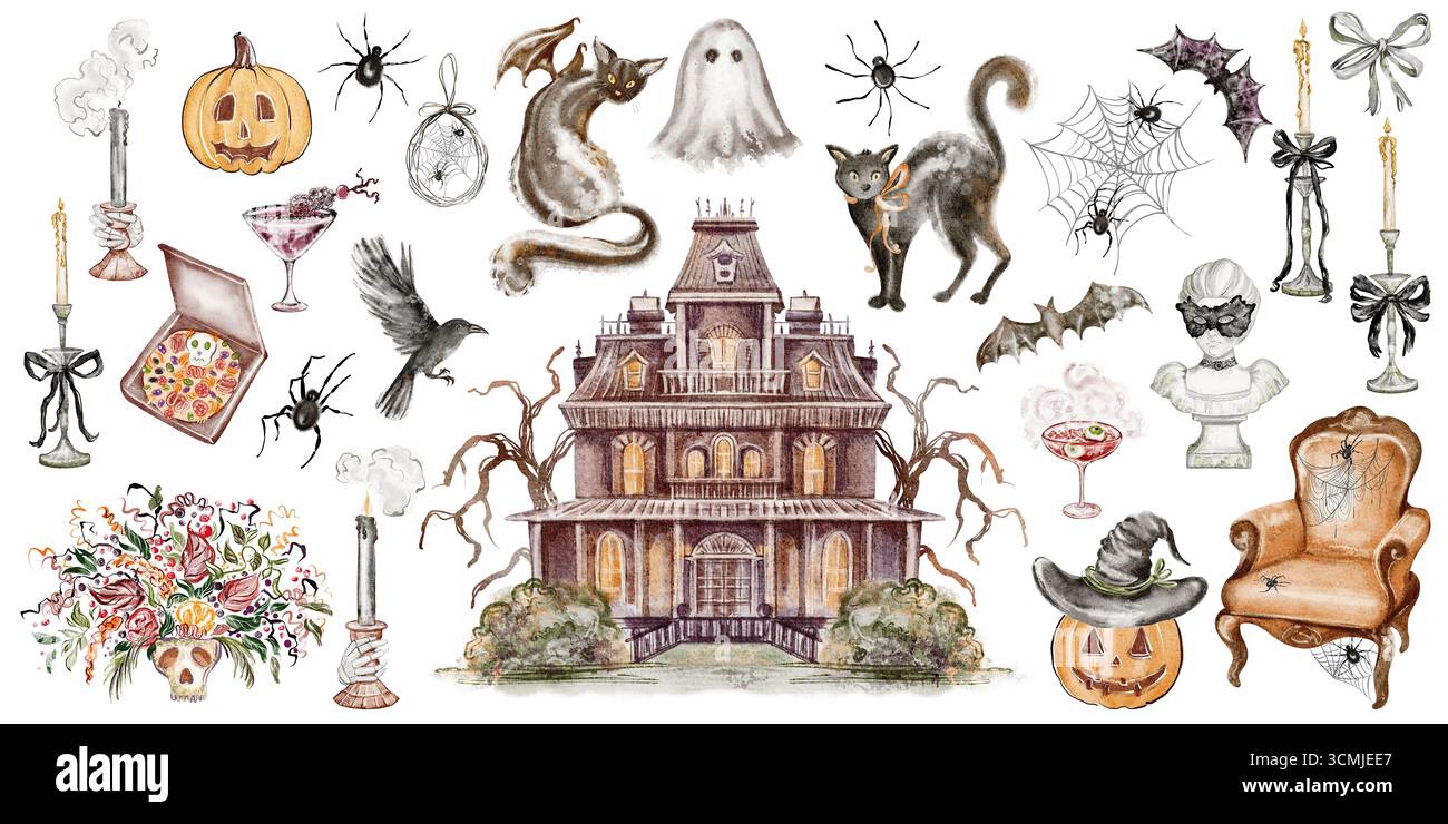Halloween clipart watercolor collection with skull, crow, pumpkin ...